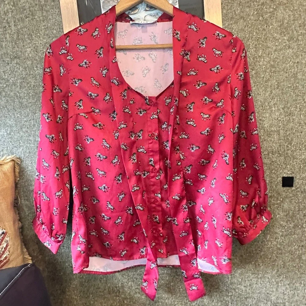 Joy Joy | Tops | Joy Joy Red Zebra Print Tie Neck Satin Blouse Womens S ...